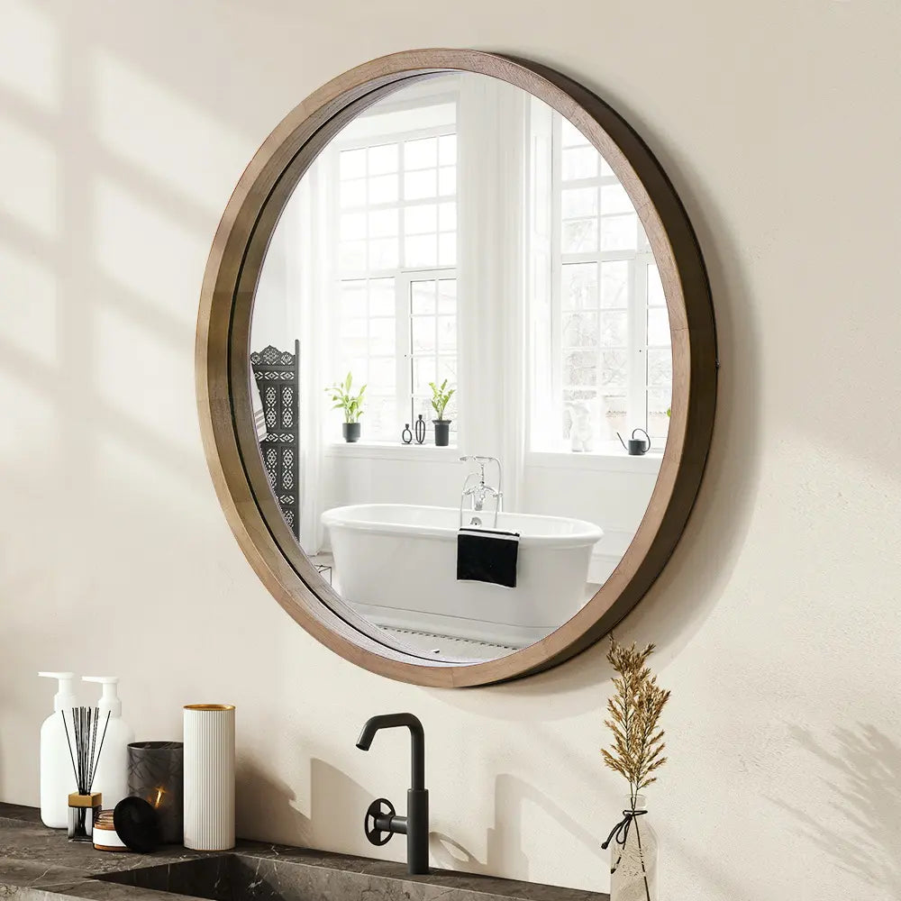 Libra Slim Round Solid Wood Frame Wall Mirror for Bathroom ...